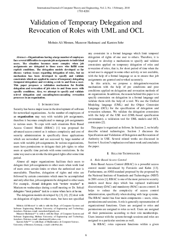 (PDF) Validation of Temporary Delegation and Revocation of Roles with UML and OCL