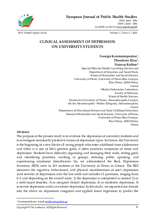 (PDF) Clinical Assessment of Depression on University Students