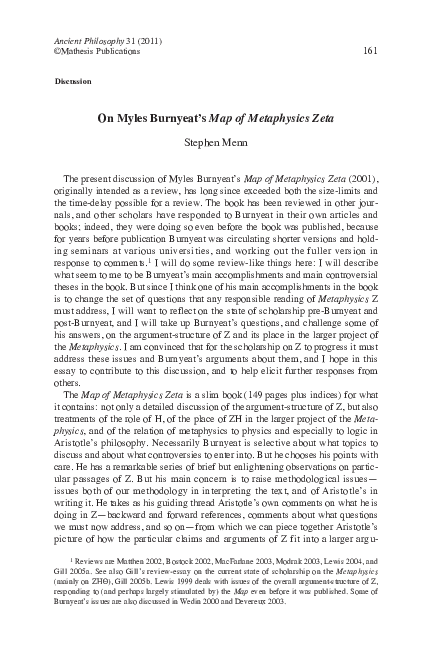 (PDF) Stephen Menn On Myles Burnyeat's Map of Metaphysics Zeta