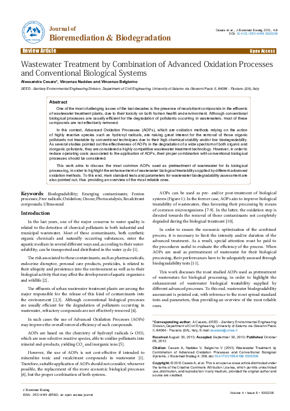 (PDF) Wastewater Treatment by Combination of Advanced Oxidation ...