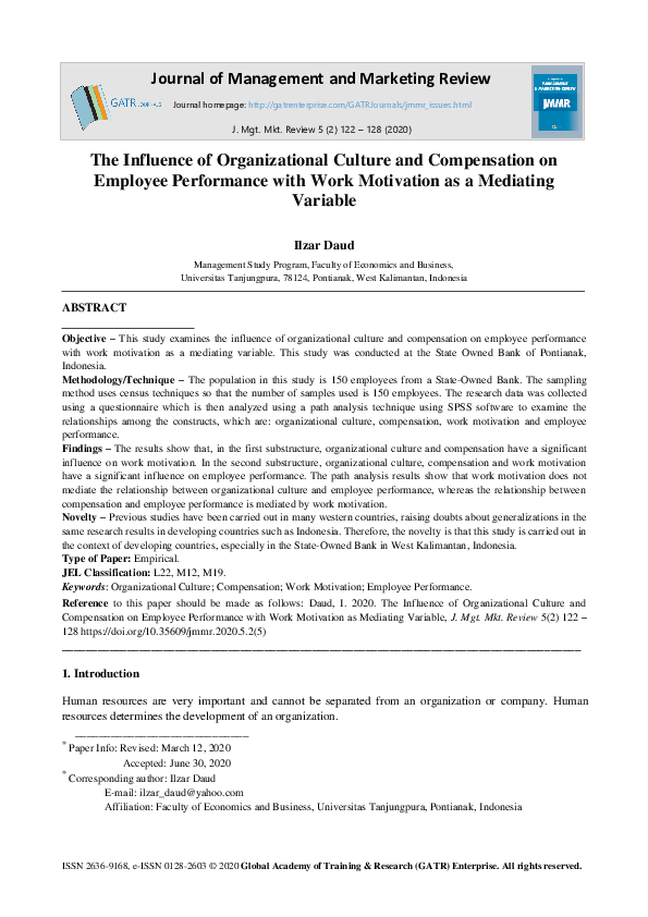 (PDF) Journal of Management and Marketing Review The Influence of Organizational Culture and ...