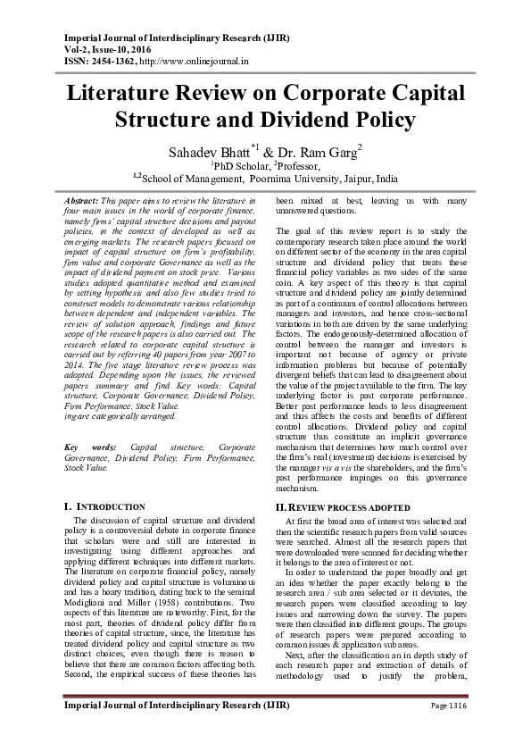 (PDF) Literature Review on Corporate Capital Structure and Dividend Policy