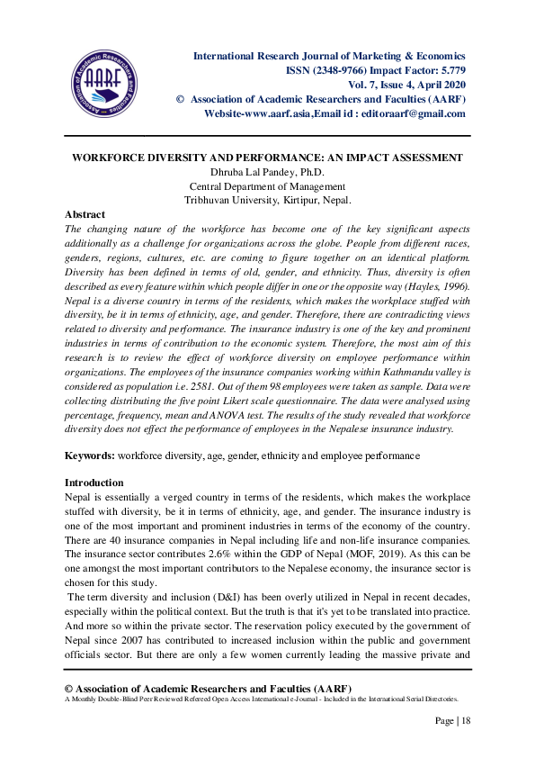 (PDF) WORKFORCE DIVERSITY AND PERFORMANCE: AN IMPACT ASSESSMENT