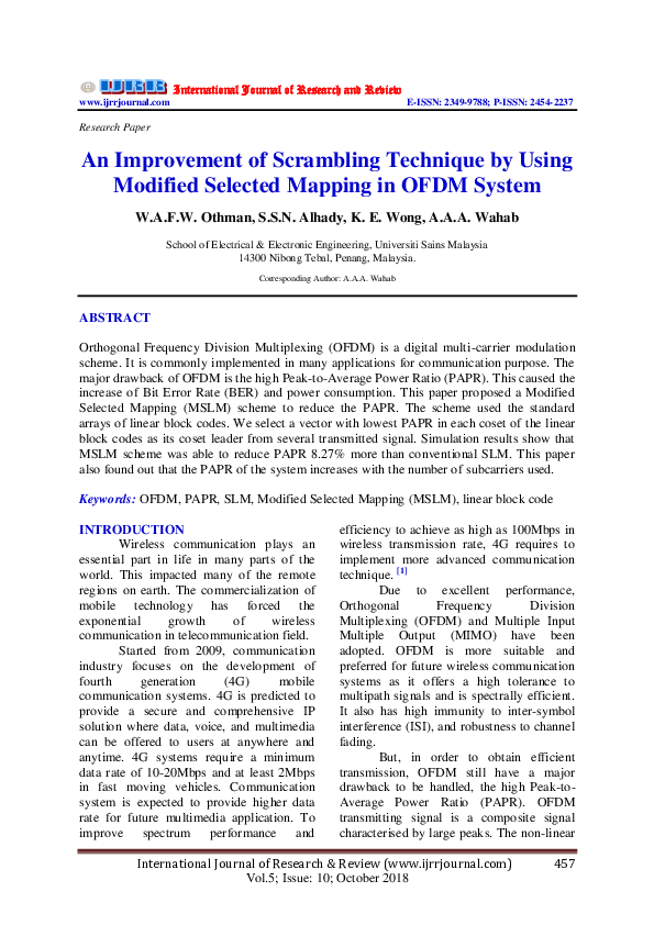 (PDF) An Improvement of Scrambling Technique by Using Modified Selected Mapping in OFDM System