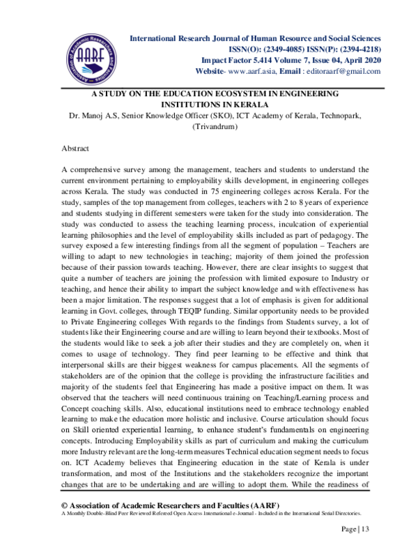 (PDF) A STUDY ON THE EDUCATION ECOSYSTEM IN ENGINEERING INSTITUTIONS IN ...