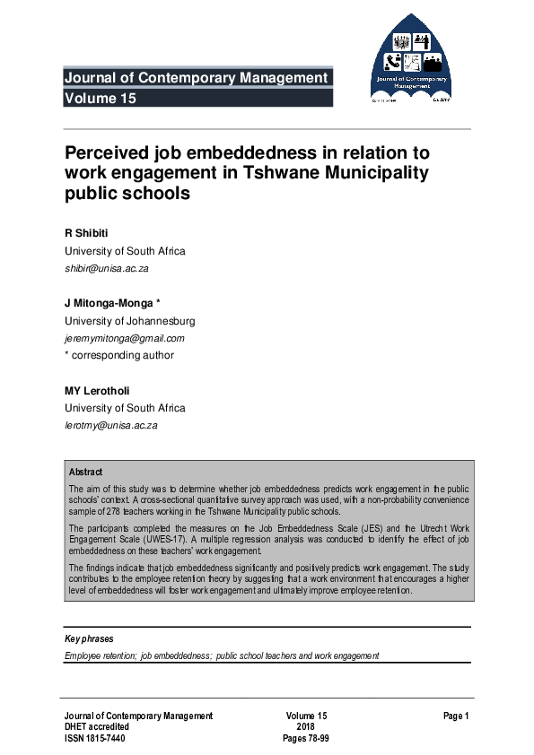 (PDF) Perceived job embeddedness in relation to work engagement in ...
