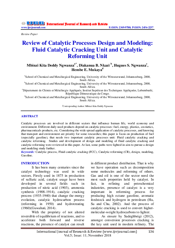 (PDF) Review of Catalytic Processes Design and Modeling: Fluid ...