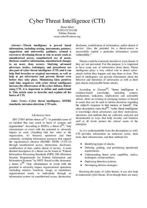 (PDF) Cyber Threat Intelligence (CTI) in a Nutshell