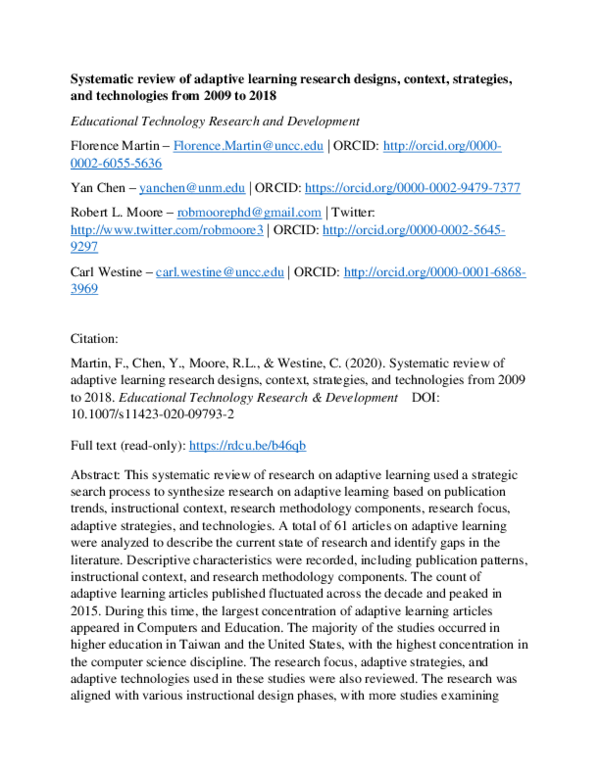(PDF) Systematic review of adaptive learning research designs, context ...