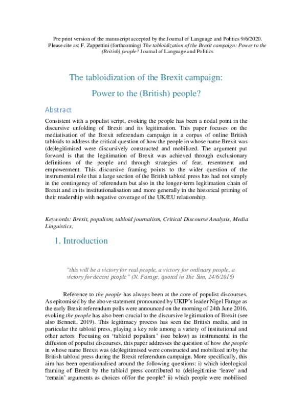 (PDF) The tabloidization of the Brexit campaign: Power to the (British ...