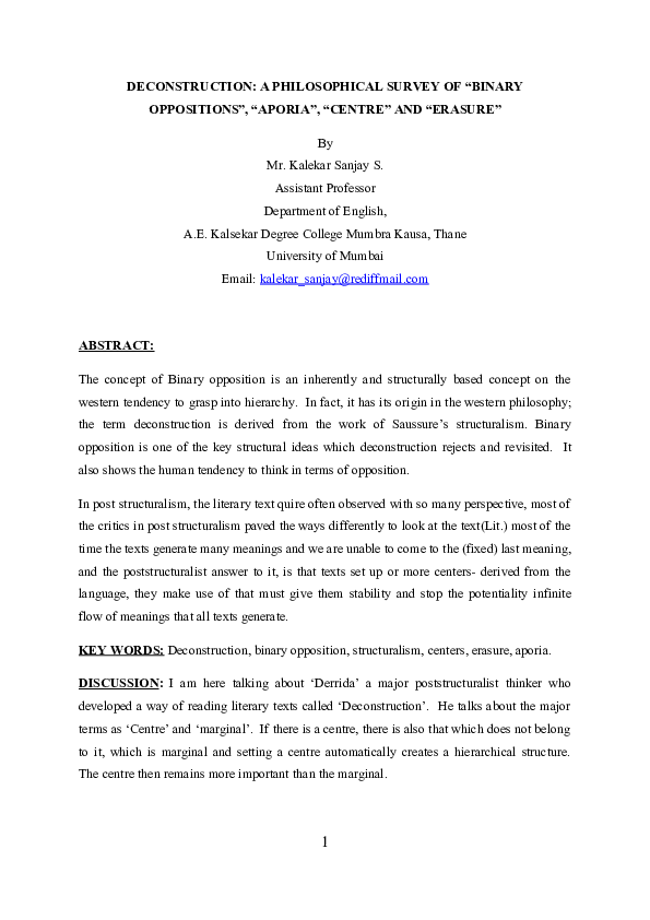 (DOC) DECONSTRUCTION: A PHILOSOPHICAL SURVEY OF "BINARY OPPOSITIONS", "APORIA", "CENTRE" AND ...