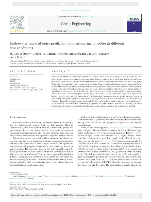 (PDF) Underwater radiated noise prediction for a submarine propeller in different flow conditions