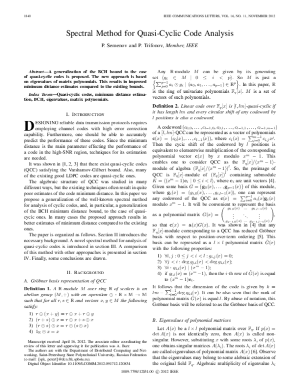 (PDF) Spectral Method for Quasi-Cyclic Code Analysis | Piotr Semenov - Academia.edu