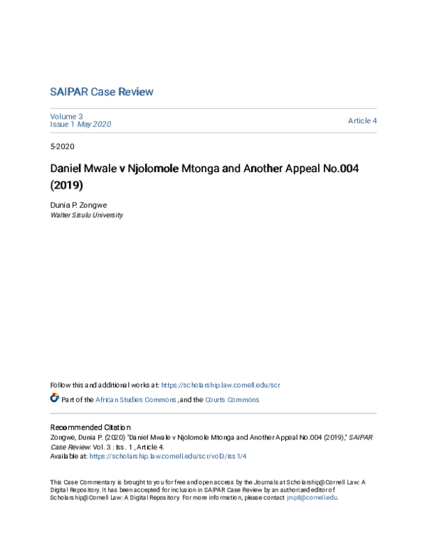 (PDF) Daniel Mwale v Njolomole Mtonga and Another Appeal No.004 (2019)