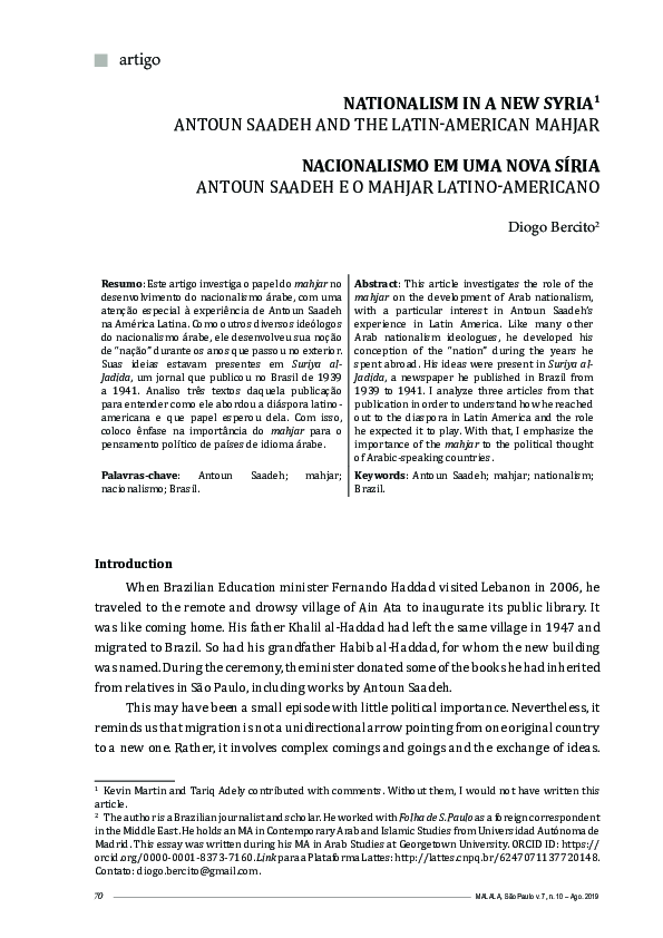 (PDF) Nacionalismo em uma nova Síria: Antoun Saadeh e o Mahjar Latino ...