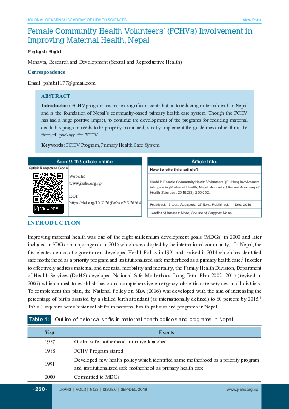 (PDF) Shahi P. Female Community Health Volunteers' (FCHVs) Involvement ...