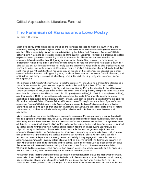 (DOC) The Feminism of Renaissance Love Poetry / Robert C. Evans ...