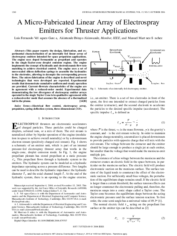 Pdf A Micro Fabricated Linear Array Of Electrospray Emitters For Thruster Applications
