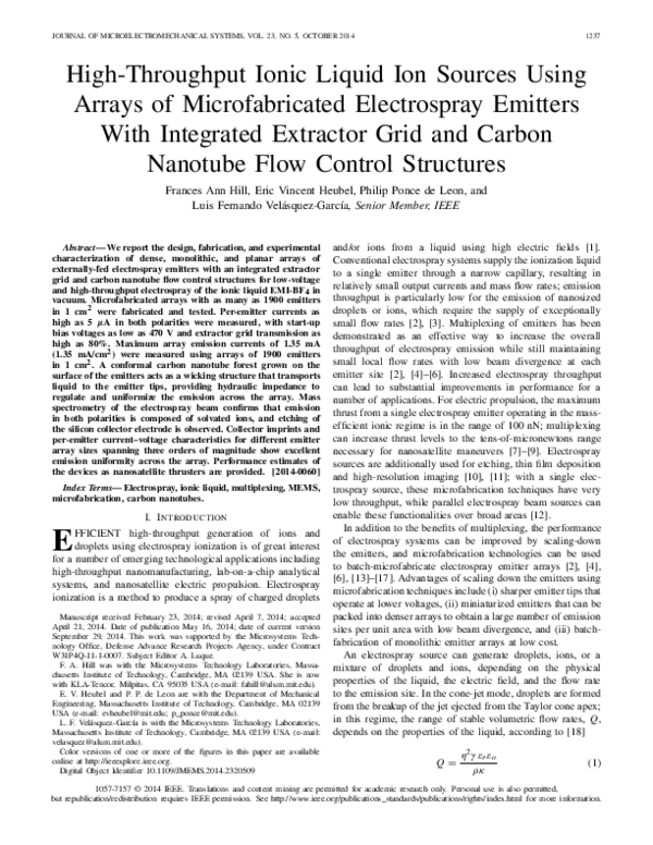 (PDF) High-Throughput Ionic Liquid Ion Sources Using Arrays of Microfabricated Electrospray ...