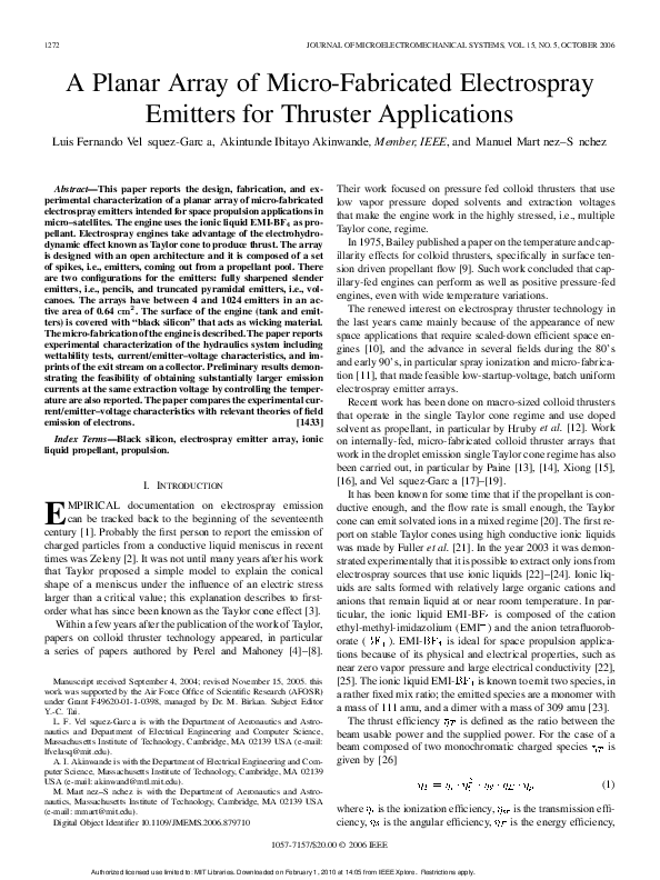 Pdf A Planar Array Of Micro Fabricated Electrospray Emitters For Thruster Applications