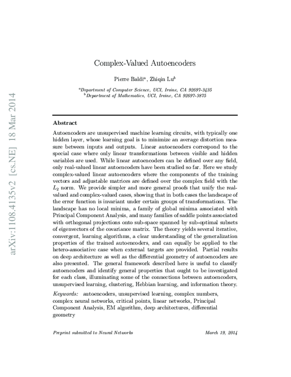 (PDF) Complex-valued autoencoders