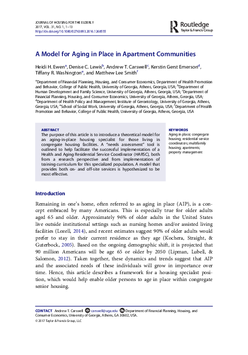 (PDF) A Model for Aging in Place in Apartment Communities