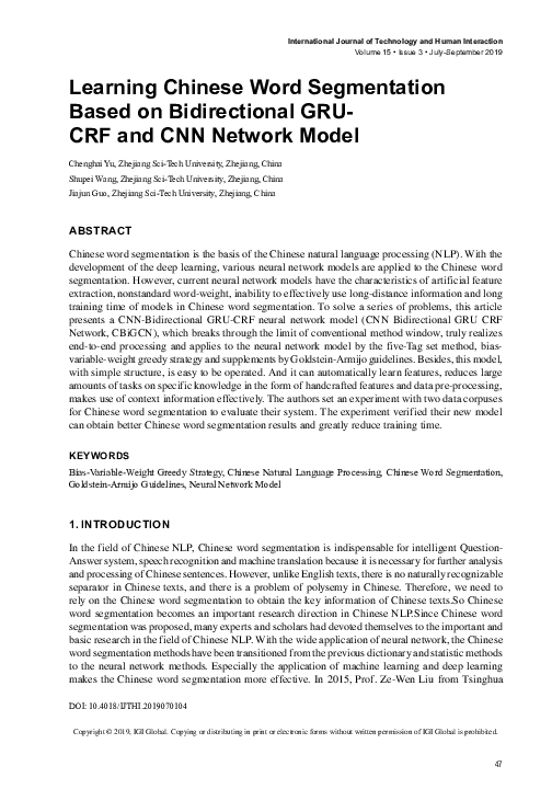 Pdf Learning Chinese Word Segmentation Based On Bidirectional Gru Crf And Cnn Network Model
