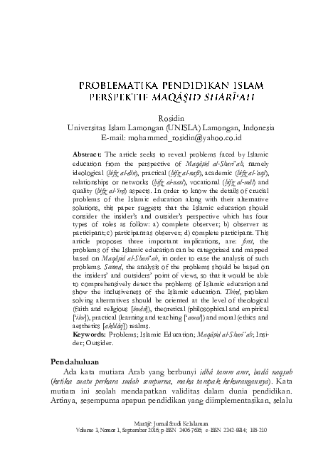 (PDF) Problematika Pendidikan Islam Perspektif Maqashid Syariah