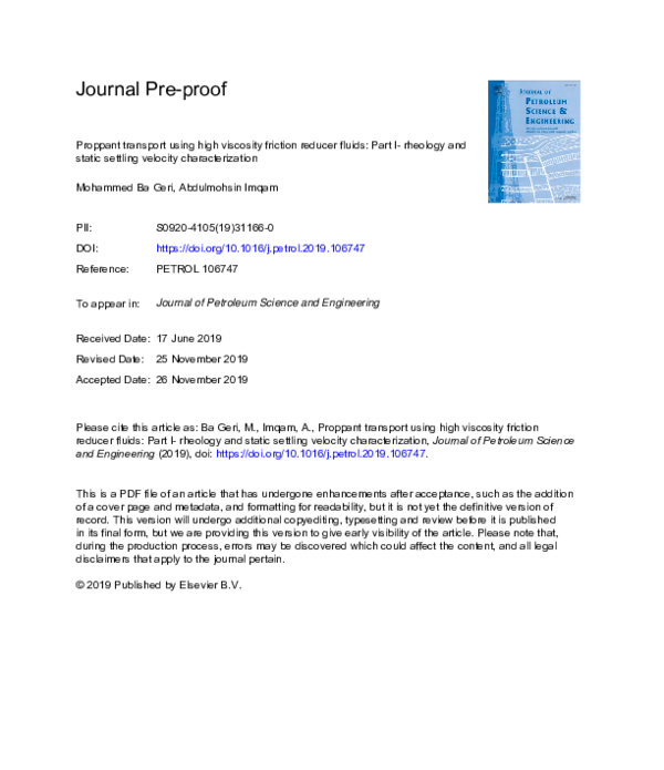 (PDF) Proppant transport using high viscosity friction reducer fluids ...
