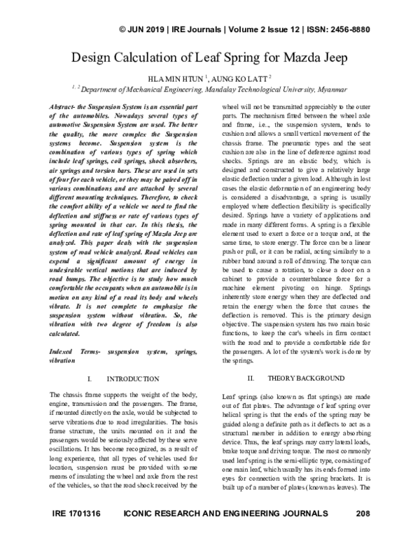 (PDF) Design Calculation of Leaf Spring for Mazda Jeep