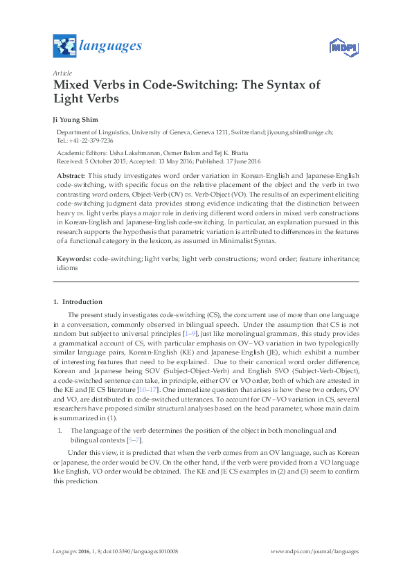 (PDF) Mixed Verbs in Code-Switching: The Syntax of Light Verbs