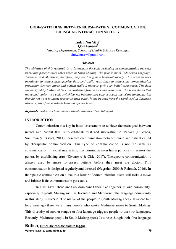 (PDF) CODE-SWITCHING BETWEEN NURSE-PATIENT COMMUNICATION: BILINGUAL ...