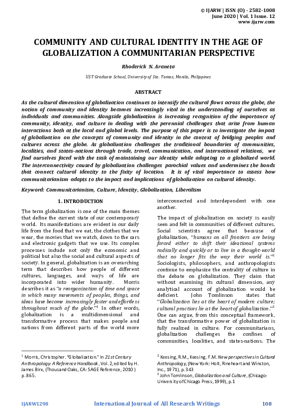 (PDF) COMMUNITY AND CULTURAL IDENTITY IN THE AGE OF GLOBALIZATION A ...