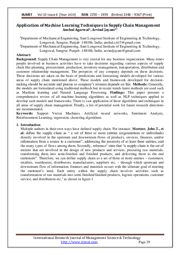(PDF) Application of Machine Learning Techniques in Supply Chain Management