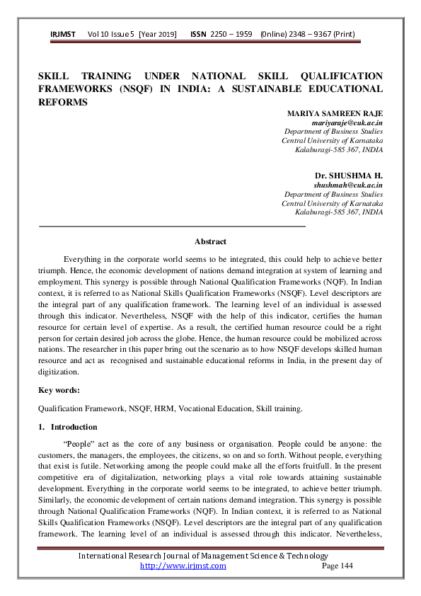 (PDF) SKILL TRAINING UNDER NATIONAL SKILL QUALIFICATION FRAMEWORKS ...