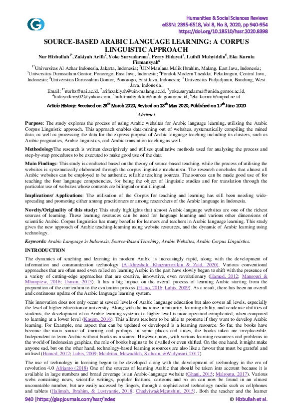 Pdf Source Based Arabic Language Learning A Corpus Linguistic Approach