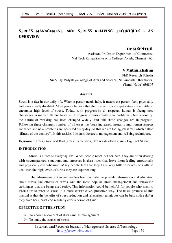 (PDF) STRESS MANAGEMENT AND STRESS RELIVING TECHNIQUES - AN OVERVIEW
