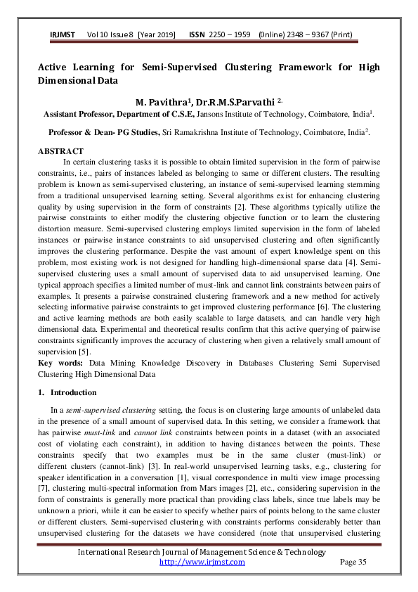Pdf Active Learning For Semi Supervised Clustering Framework For High Dimensional Data