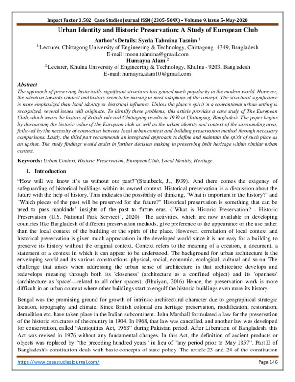(PDF) Urban Identity and Historic Preservation: A Study of European Club
