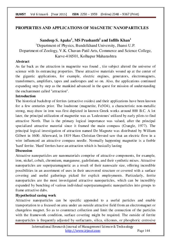 (PDF) PROPERTIES AND APPLICATIONS OF MAGNETIC NANOPARTICLES
