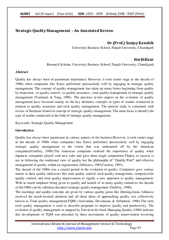 (PDF) Strategic Quality Management – An Annotated Review