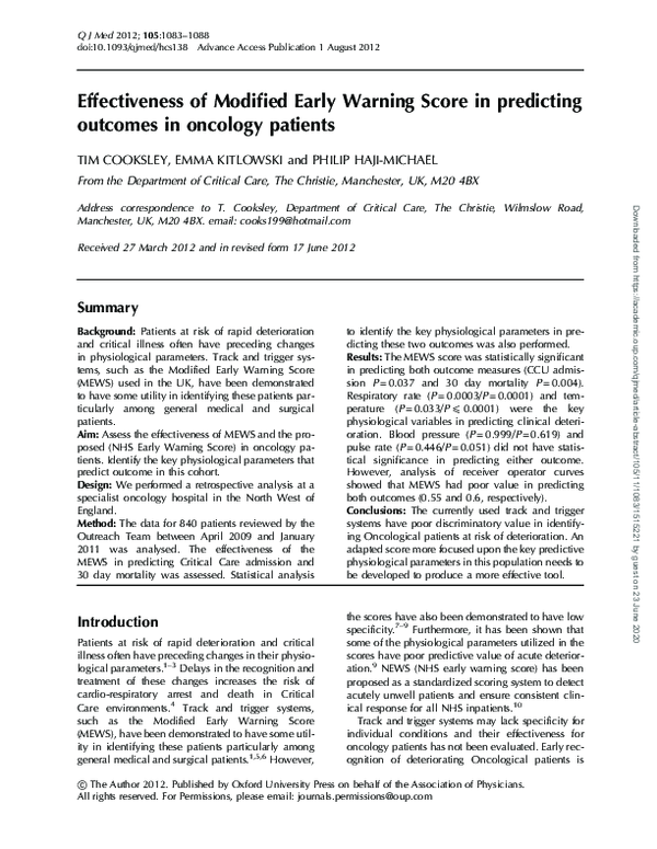 (PDF) Effectiveness of Modified Early Warning Score in predicting ...