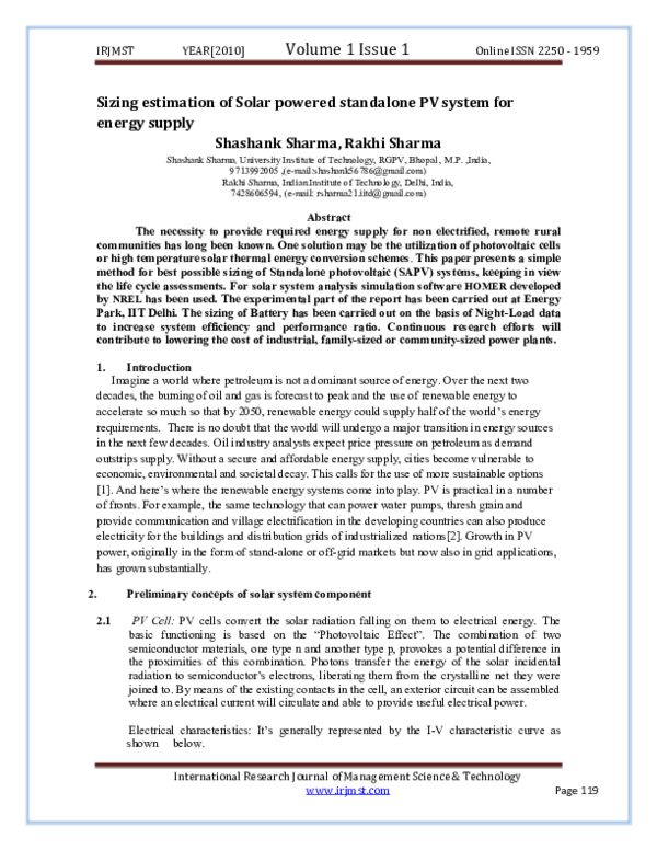 (PDF) Sizing estimation of Solar powered standalone PV system for ...