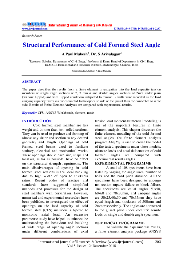 (PDF) Structural Performance of Cold Formed Steel Angle