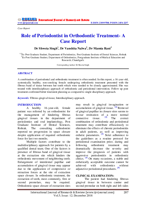 (PDF) Role of Periodontist in Orthodontic Treatment-A Case Report