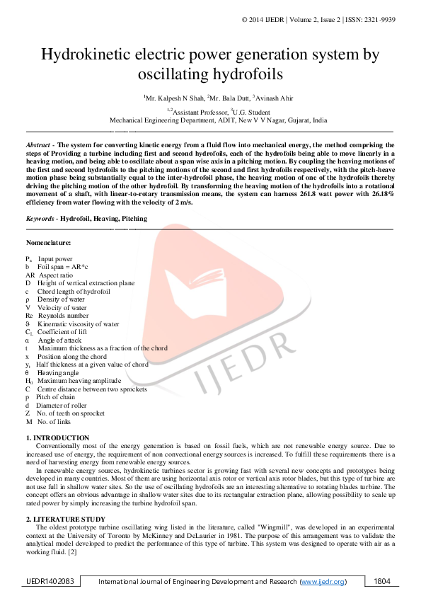Pdf Hydrokinetic Electric Power Generation System By Oscillating Hydrofoils