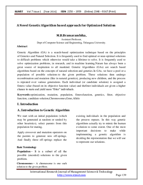 (PDF) A Novel Genetic Algorithm based approach for Optimized Solution