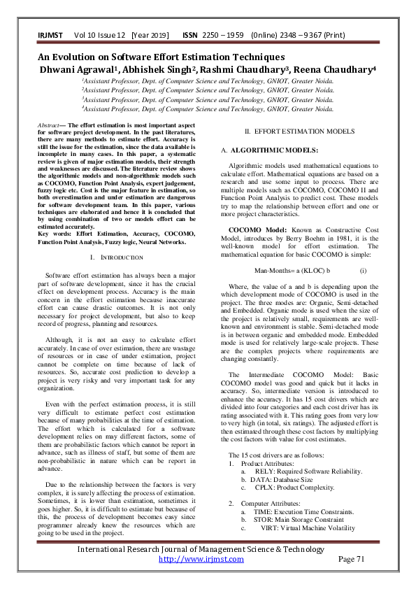 (PDF) Improving Software Effort Estimation Techniques: A Review