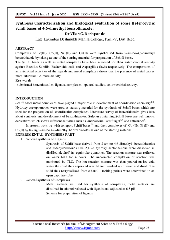 (PDF) Synthesis Characterization and Biological evaluation of some Heterocyclic Schiff bases of ...