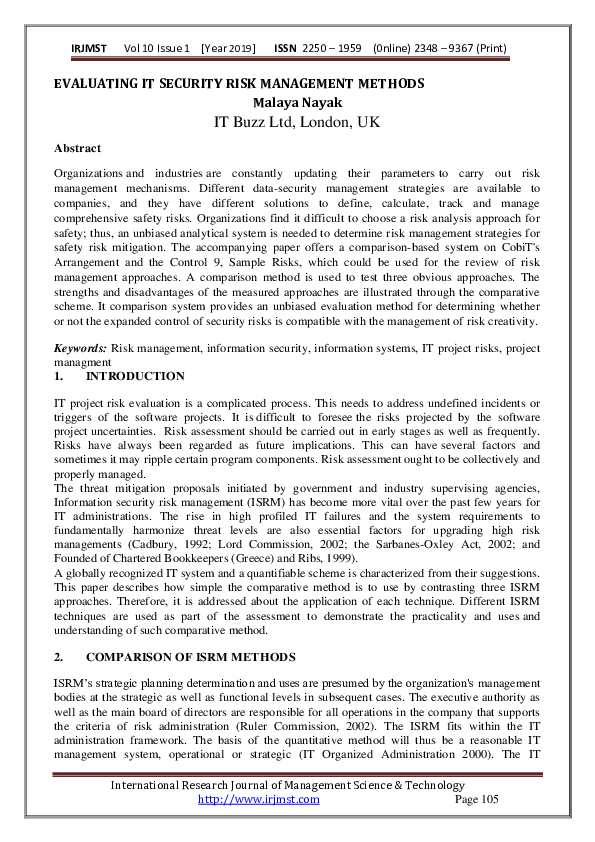 (PDF) EVALUATING IT SECURITY RISK MANAGEMENT METHODS